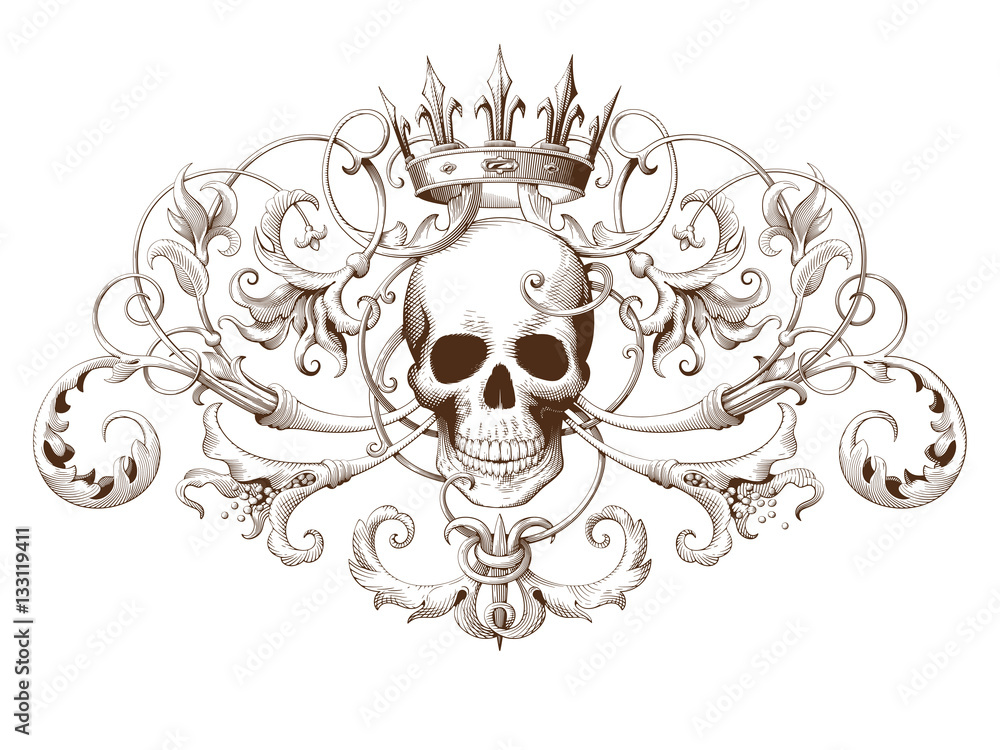 Vintage decorative element engraving with Baroque ornament pattern and ...