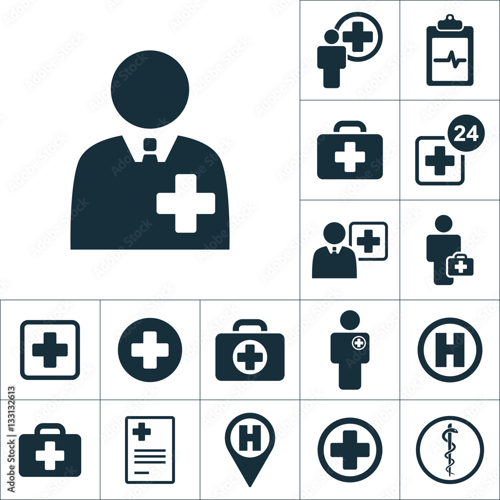 doctor, health worker icon, medical signs set on white backgroun Stock ...