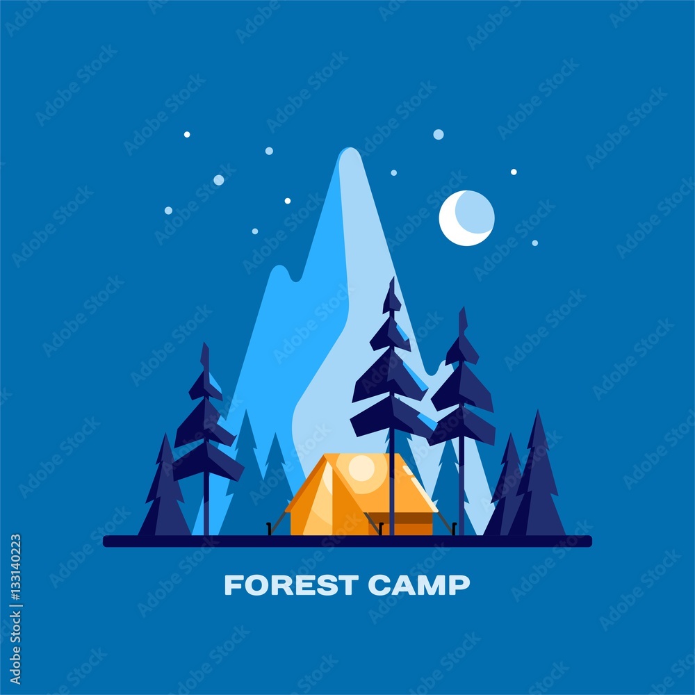 Forest camp. Night landscape with illuminated tent, trees and mountains ...