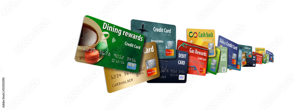 Credit cards and debit cards stacked together to represent having too ...