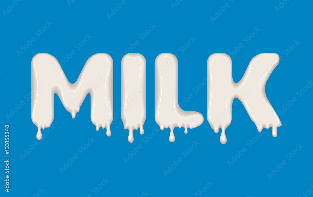 Vector word made of flowing milk. Letters with splatters, drops and ...