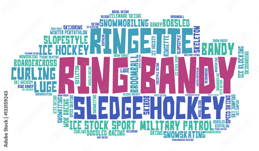 Ring bandy. Word cloud, colored font, white background. Olympics. Stock ...