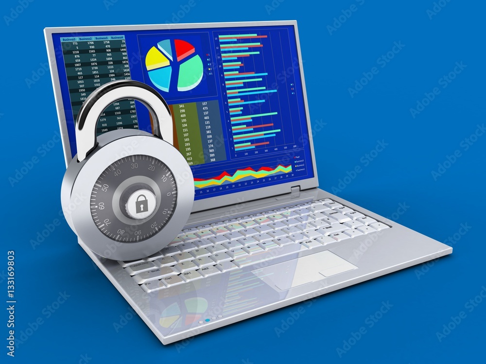 3d illustration of laptop over blue background with diagrams screen and ...