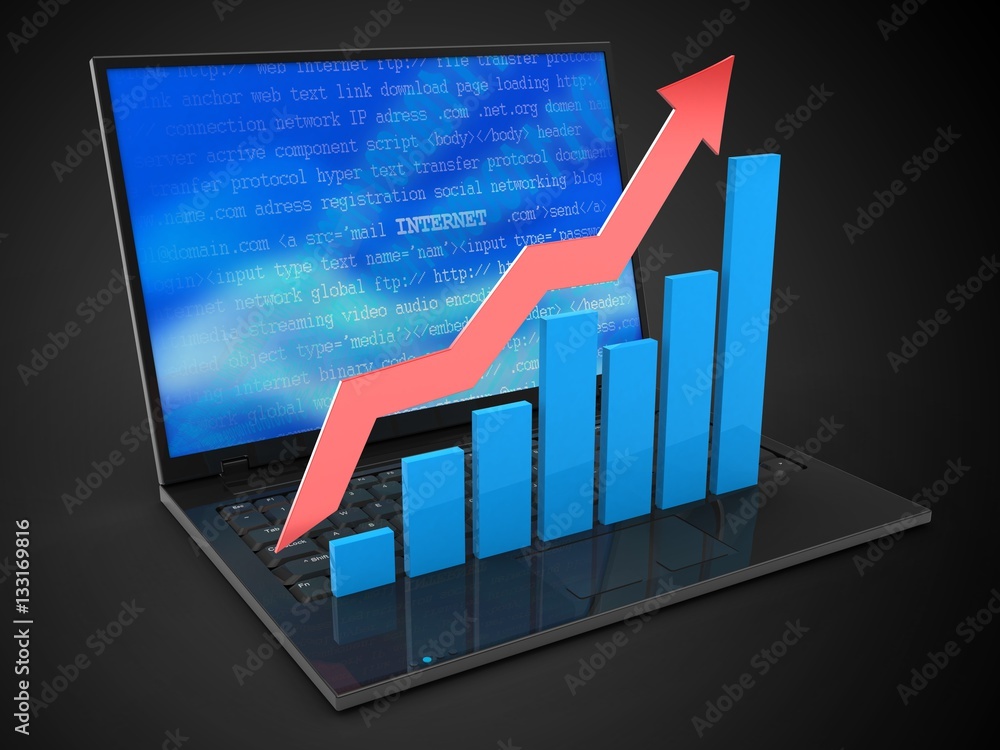 3d illustration of laptop computer over black background with internet ...