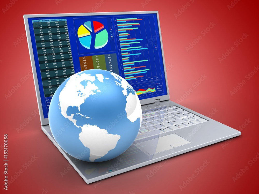 3d illustration of laptop over red background with diagrams screen and ...