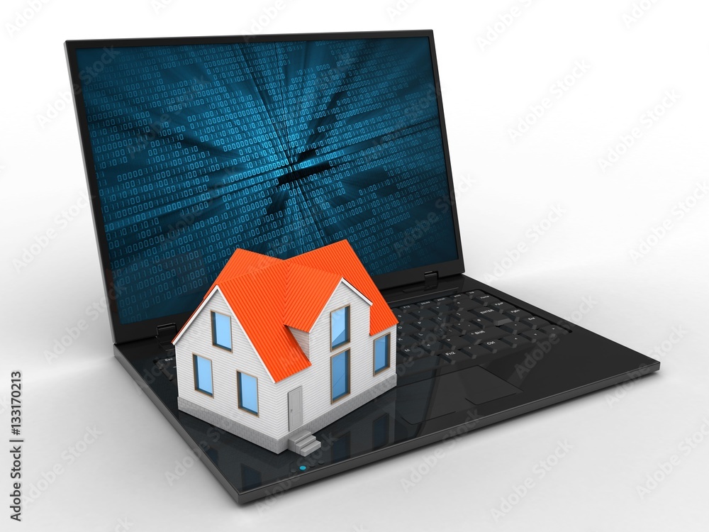 3d illustration of laptop computer over white background with binary ...