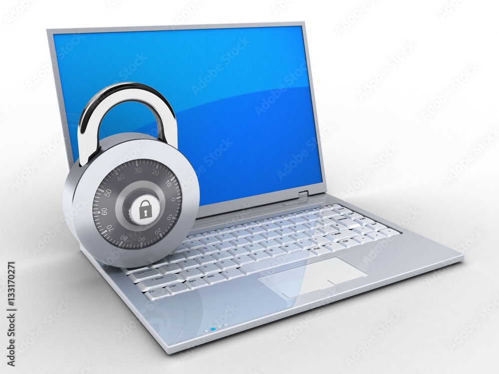3d illustration of laptop over white background with blue reflection ...