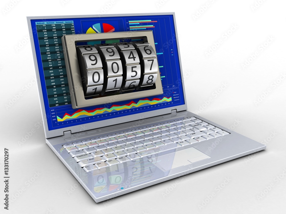 3d illustration of laptop over white background with diagrams screen ...