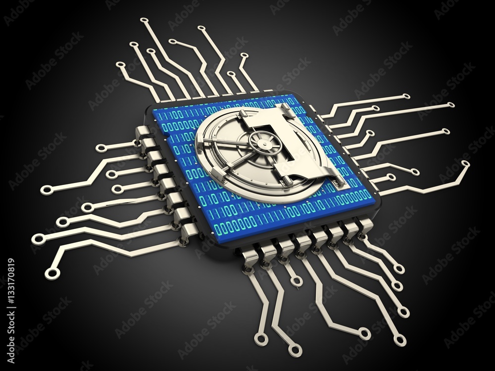 3d illustration of computer chip over black background with vault door ...