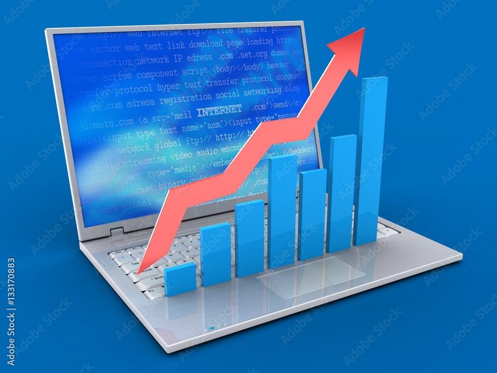 3d illustration of laptop over blue background with internet screen and ...