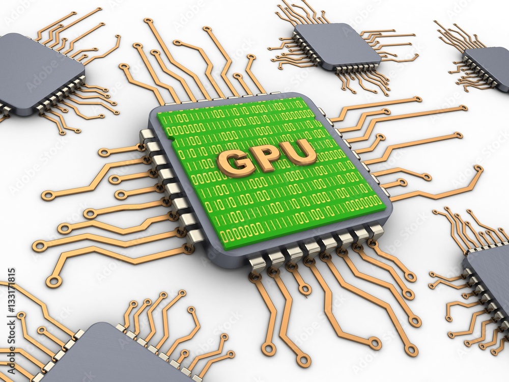 3d illustration of computer chips over white background with gpu sign ...