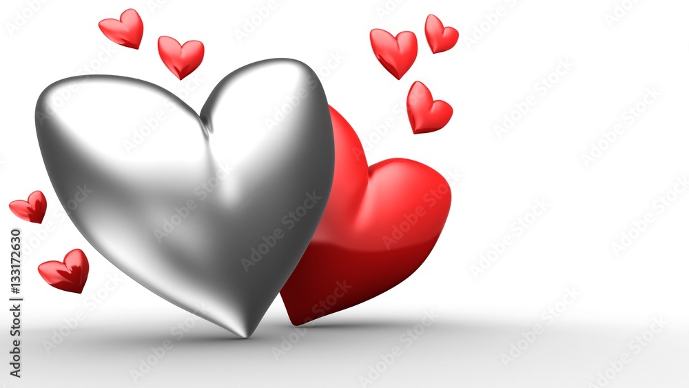3d illustration of silver heart over white background with small hearts ...