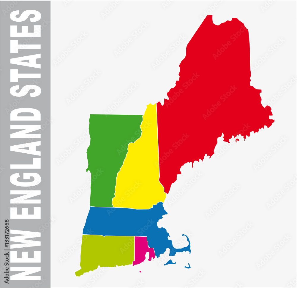 Colorful New England States administrative and political vector map ...