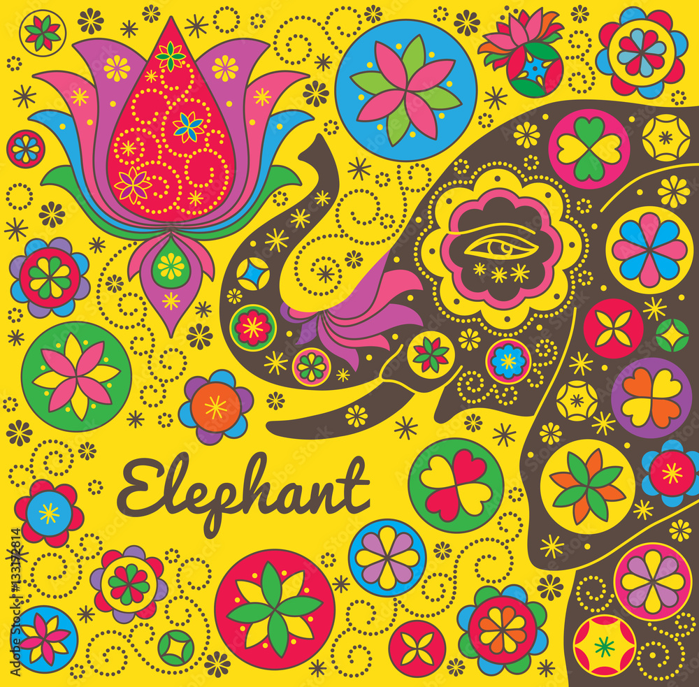 Colorful background with an elephant. Vector drawing in Indian s Stock ...