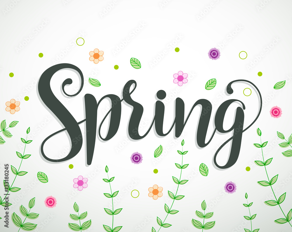 Spring text vector background design with colorful flowers, vines and ...