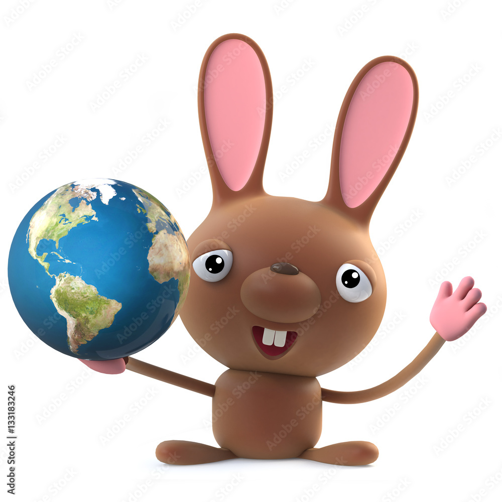 3d Cute cartoon Easter bunny rabbit character holding a globe of the ...