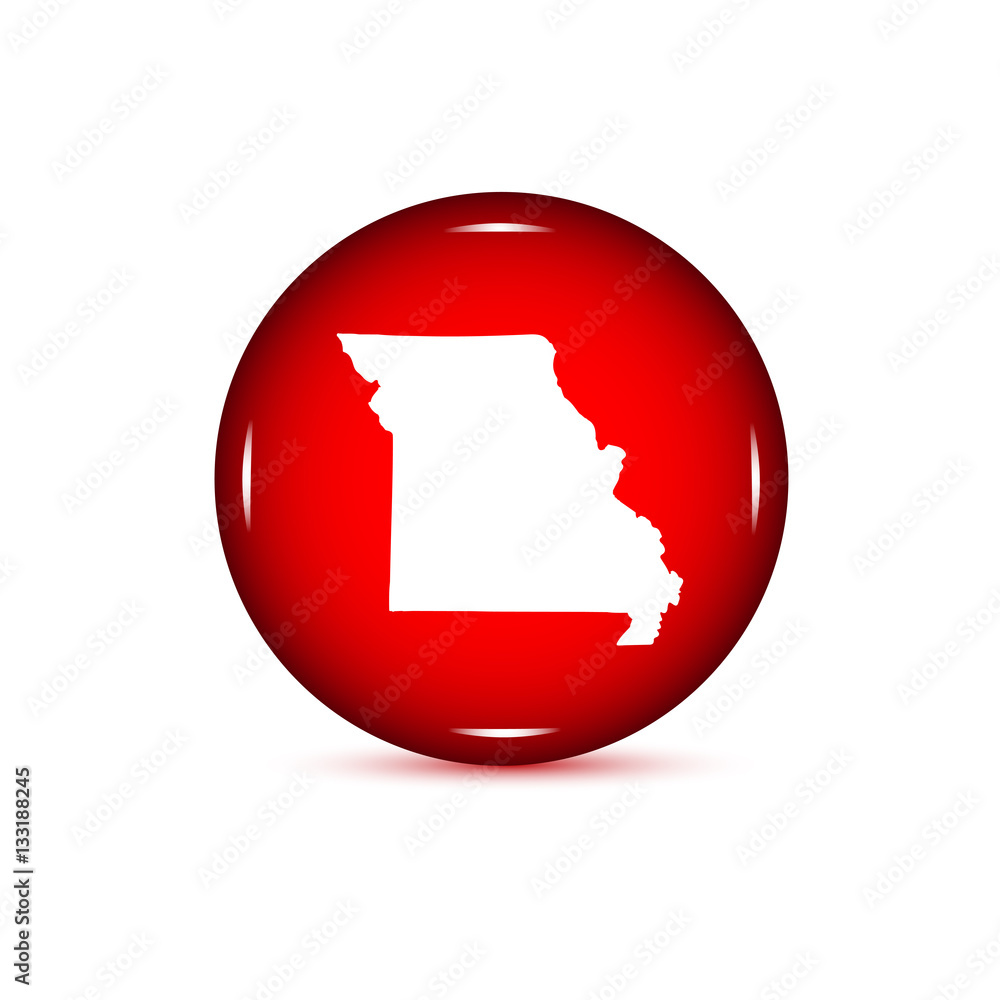 Map of the U.S. state of Missouri. Red button on a white backgro Stock ...