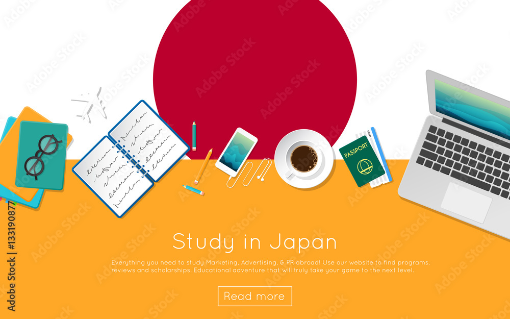Study in Japan concept for your web banner or print materials. Top view ...