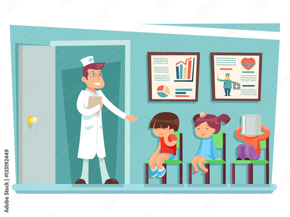 Sick children at doctor sitting on chairs cartoon characters vector ...