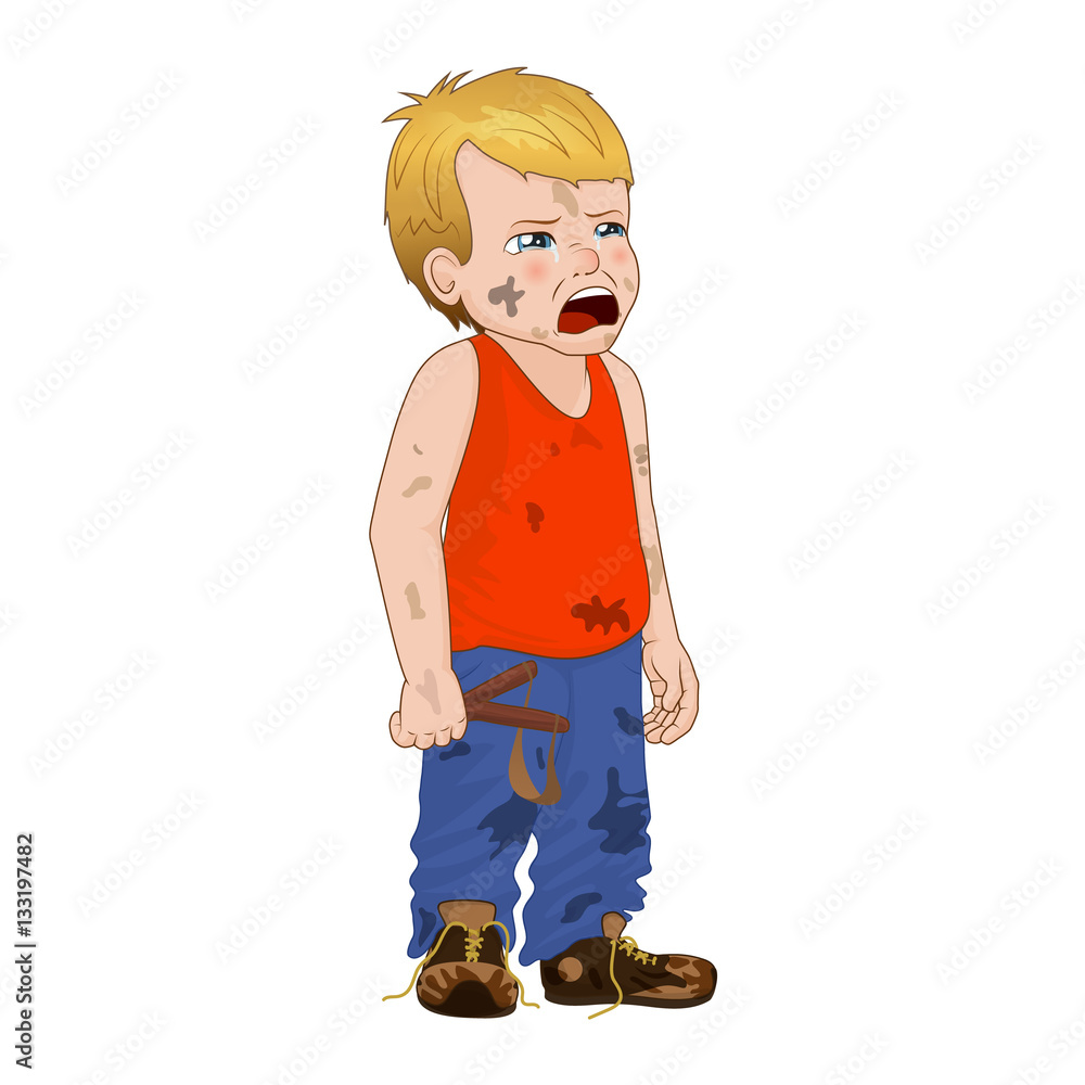 Vector Illustration little hellion boy crying, face showing sadness ...