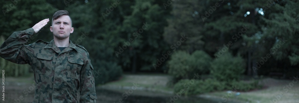 Ssoldier wearing military uniform saluting Stock Photo | Adobe Stock