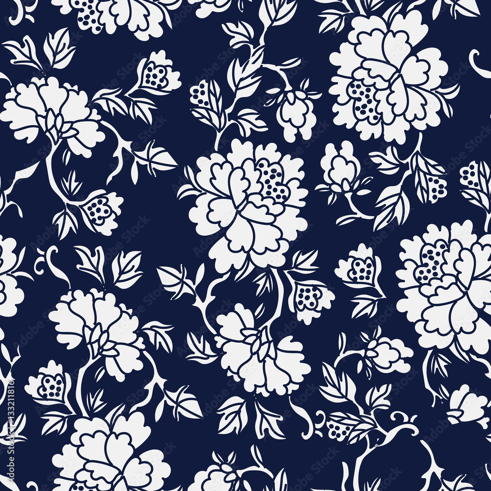 Seamless Blue Japanese Background Botanic Garden Flower Leaf Stock ...
