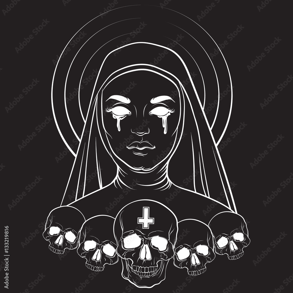 Vector illustration of blind nun with human skull blood and cross made ...