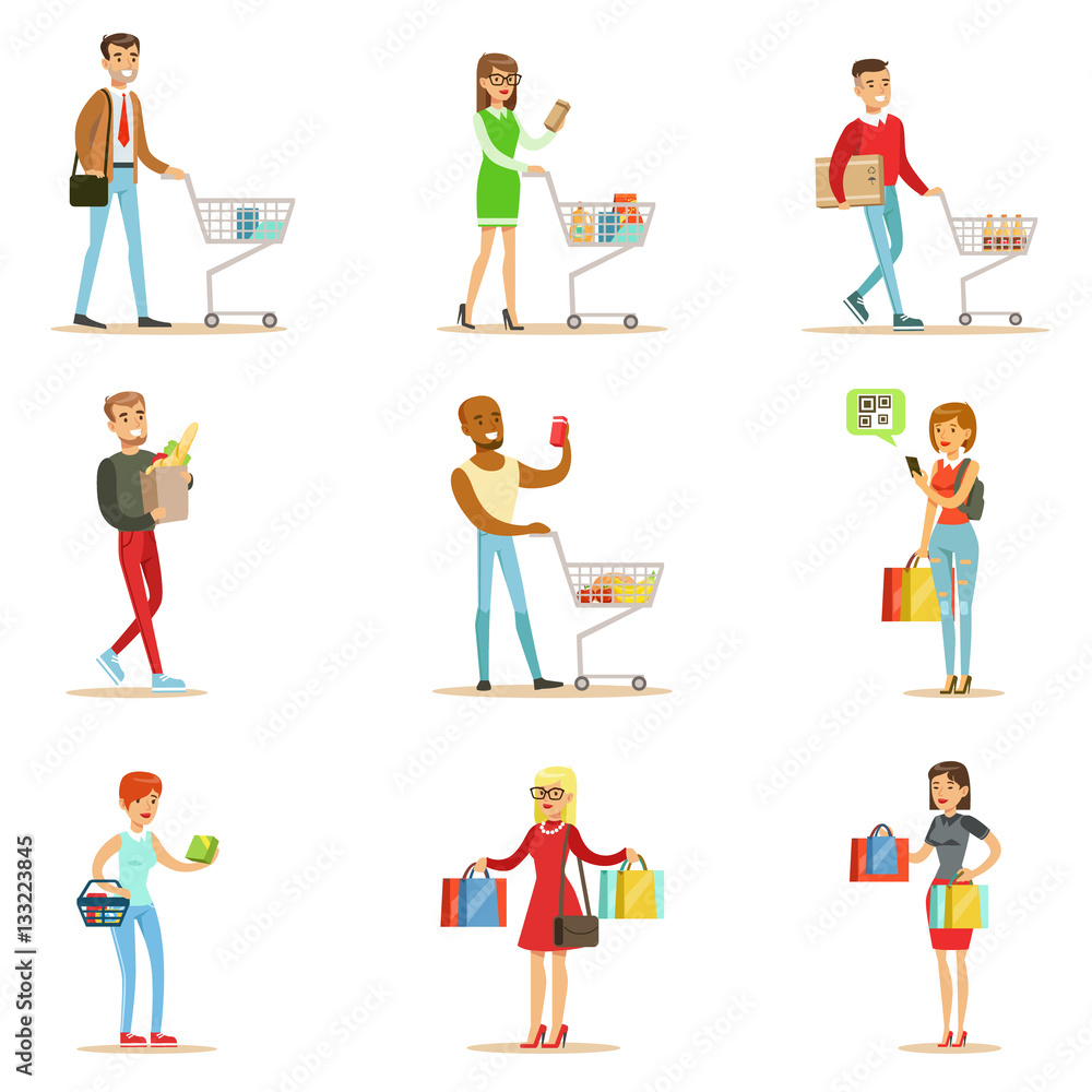 People Shopping In Department Store And Shopping Mall Set Of Cartoon ...