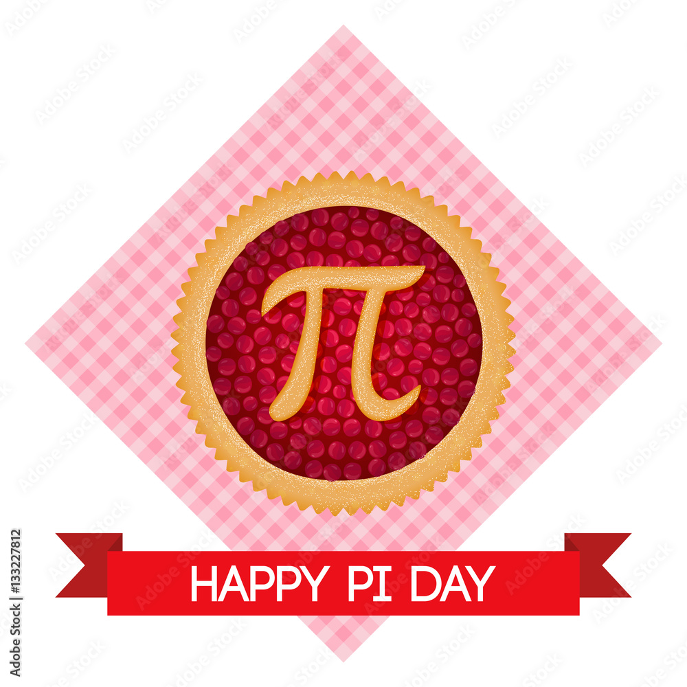 Pi Day vector background. Baked cherry pie with Pi Symbol and ribbon ...