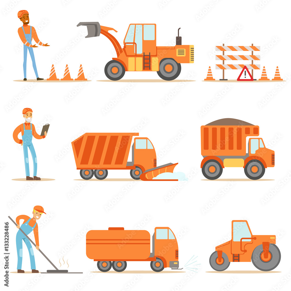 Happy Road Construction And Repair Workers In Uniform And Heavy Trucks ...