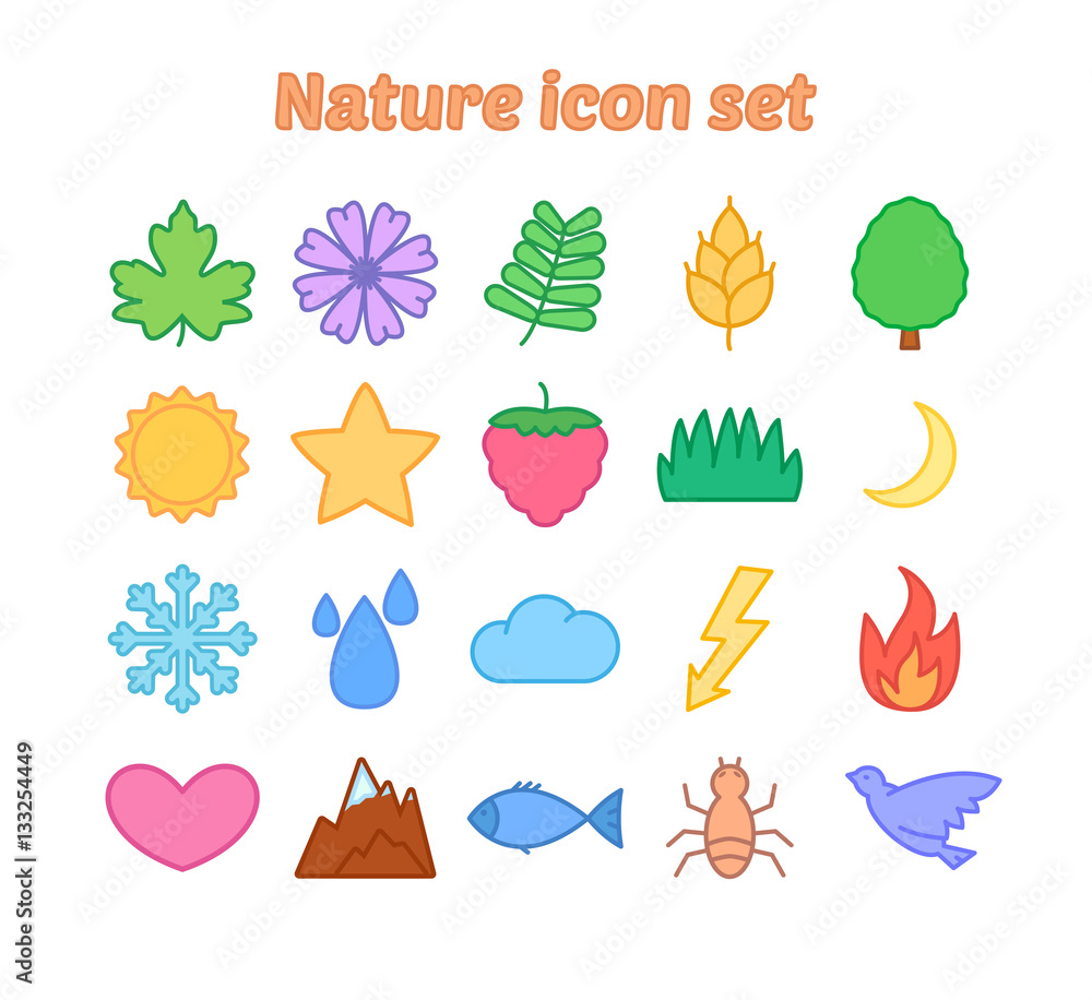 Nature icon set with outline, flat environmental vector icons Stock ...