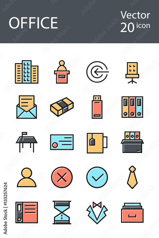 Office icons set in retro style with mixed color, the trend in 2017, an ...