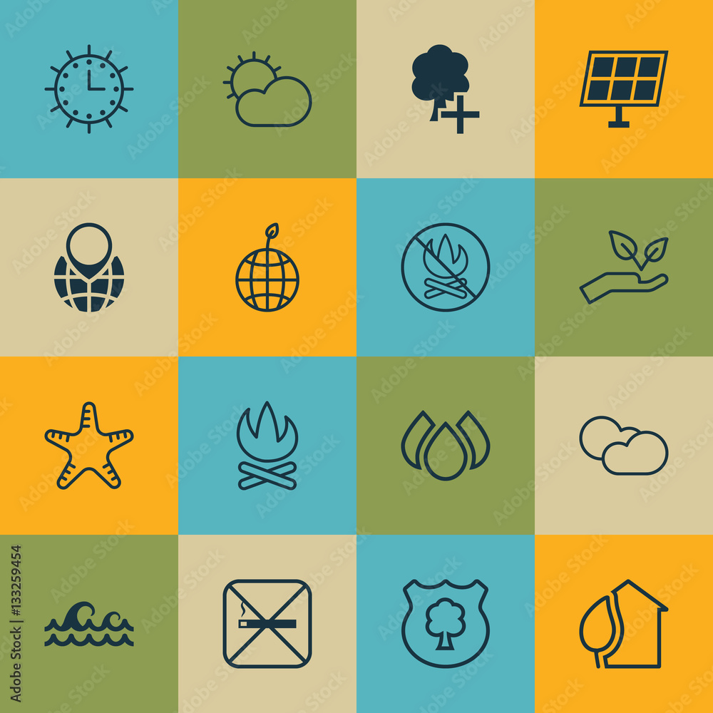 Set Of 16 Eco Icons. Includes Sun Clock, Pin Earth, Sea Star And Other ...
