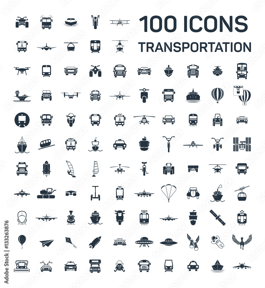 transportation isolated front 100 icons set on white background Stock ...