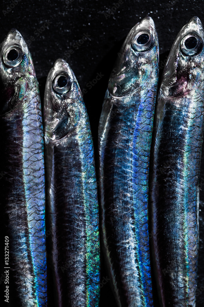 Close up of anchovies fish against black background Stock Photo | Adobe ...