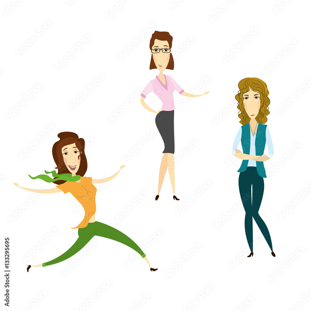 Funny cartoon woman characters, different poses Stock Illustration ...