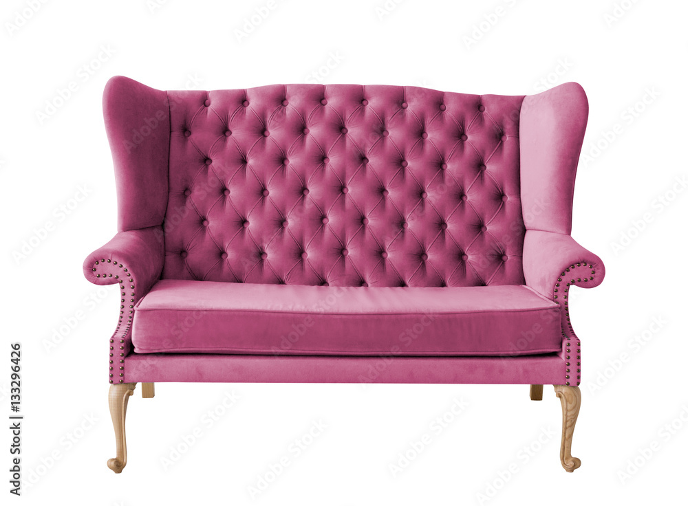 soft lilac sofa isolated on white. Armchair with fabric upholstery ...
