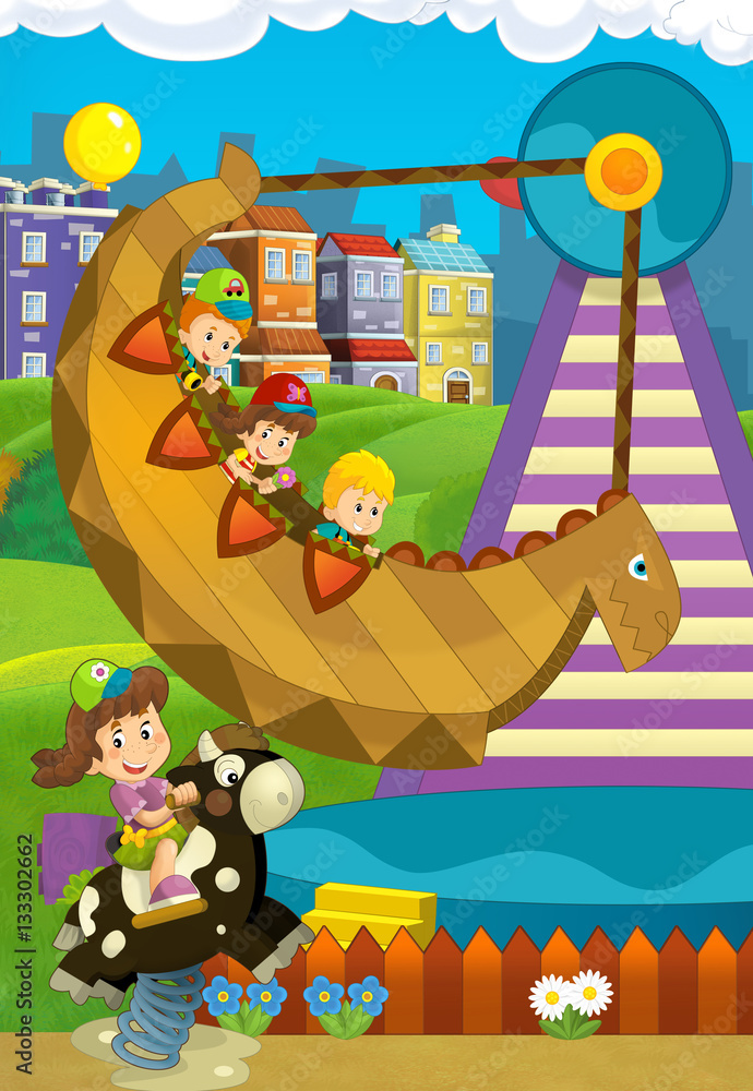 Cartoon scene with kids playing in the funfair - illustration for ...