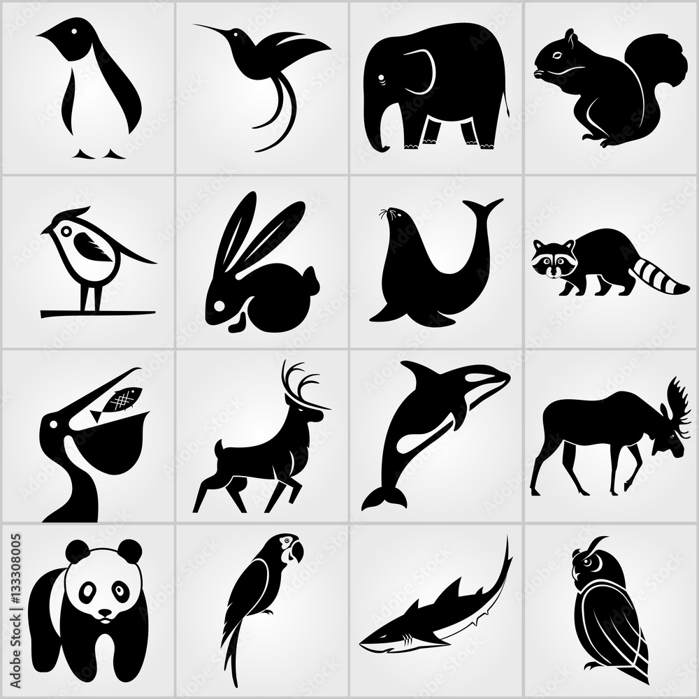 Set of Animals icons. Penguin, Bird, Pelican, Humming Bird, Rabbit ...
