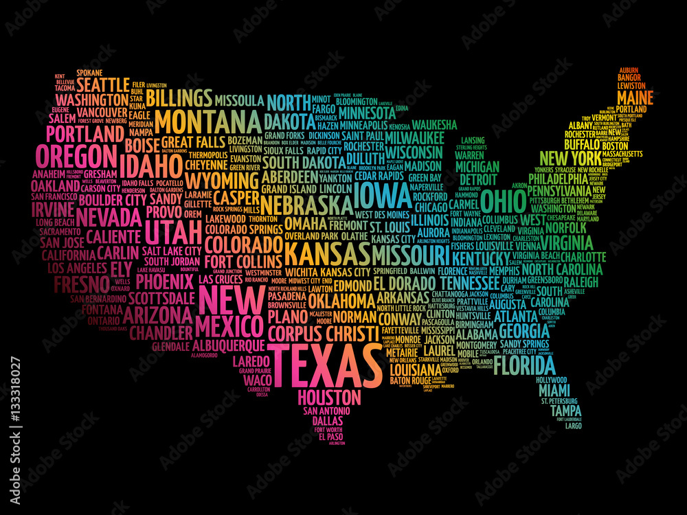 USA Map word cloud collage with most important cities Stock Vector ...