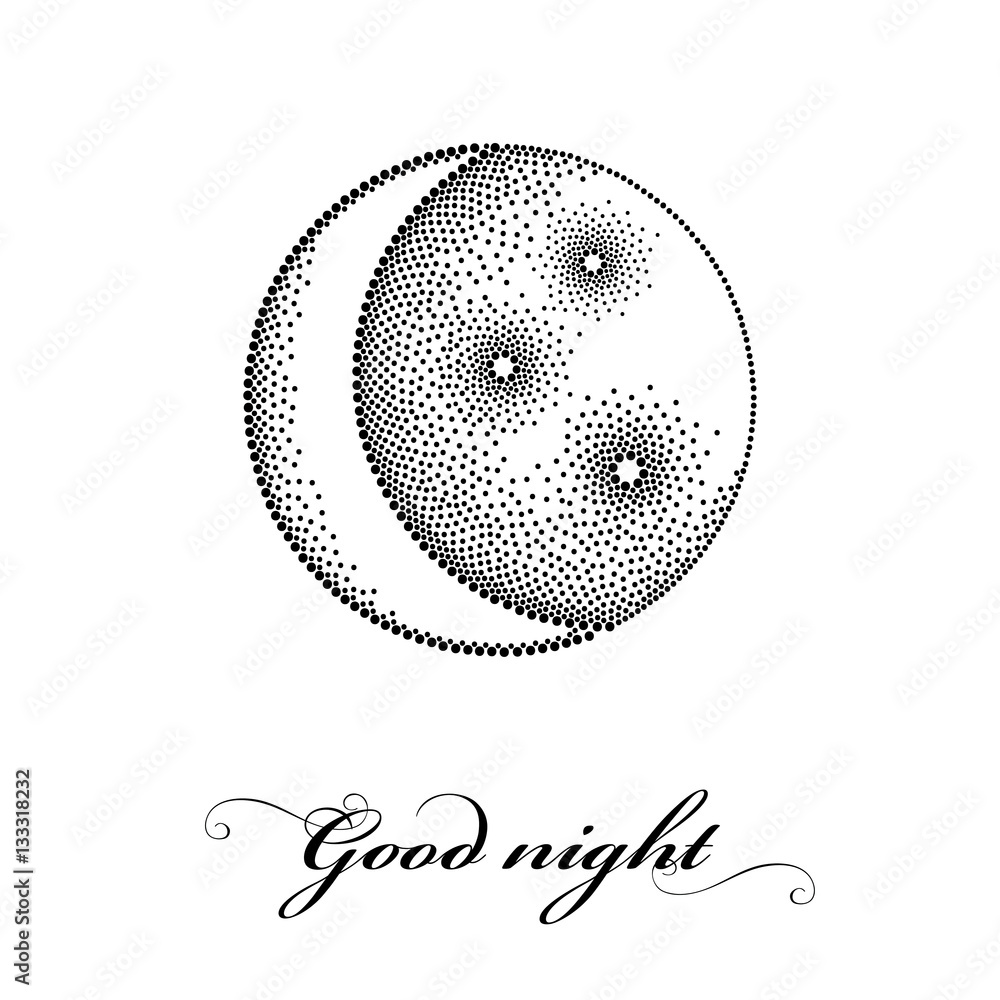 Vector illustration with dotted stylized half moon with star in black ...