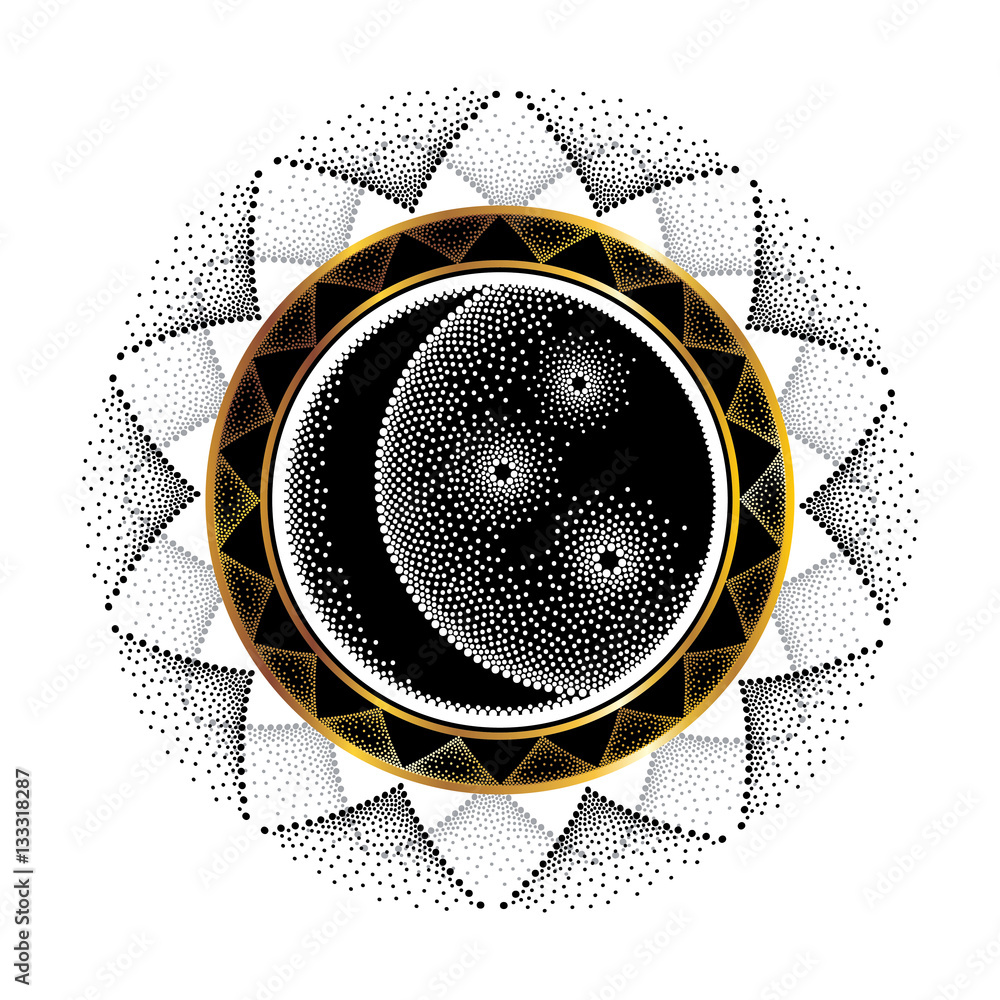 Vector illustration with dotted half moon, star and ornamental round ...