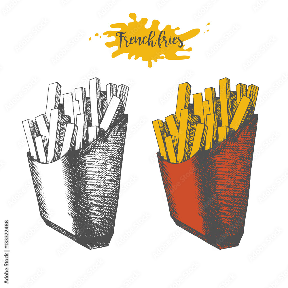 Hand-drawn French fries isolated on white. Doodle and in color. Element ...