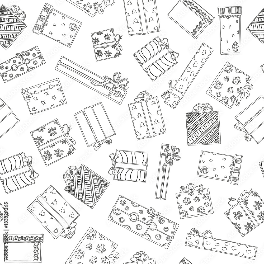 Seamless pattern with gift boxes. Hand drawing vector set with gifts ...
