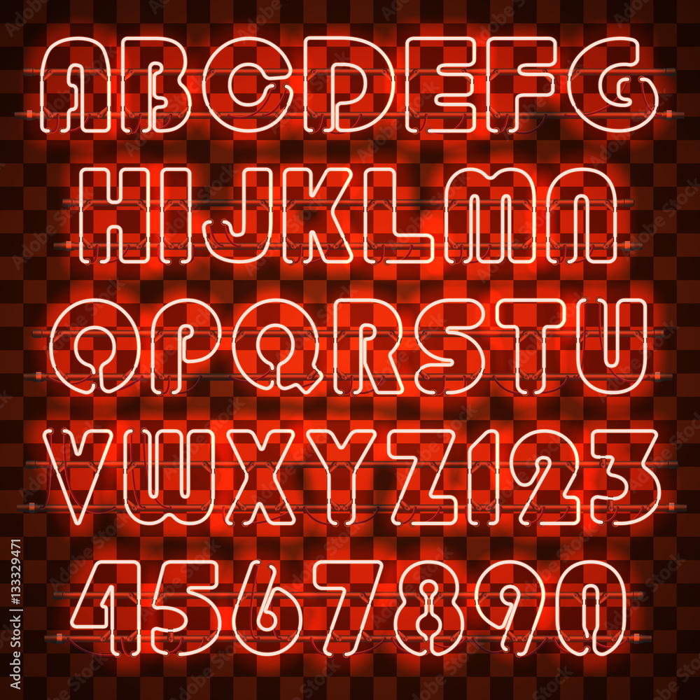 Glowing orange neon alphabet with letters from A to Z and digits from 0 ...