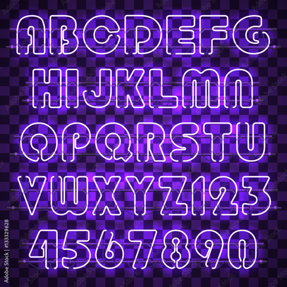 Glowing purple alphabet with letters from A to Z and digits from 0 to 9 ...