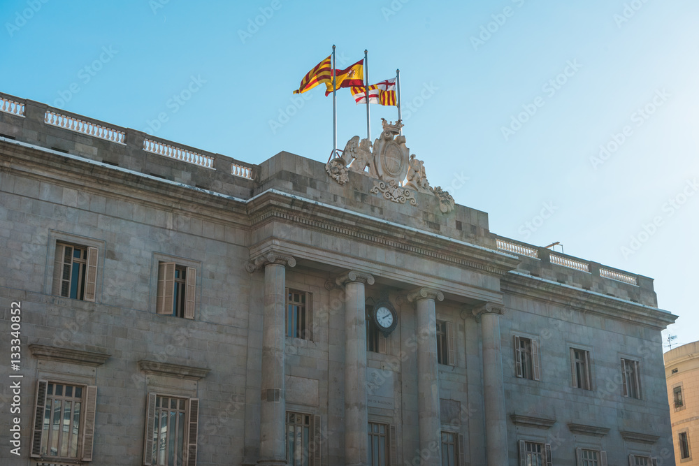 big parliament building at barcelona with spanish flags Stock Photo ...
