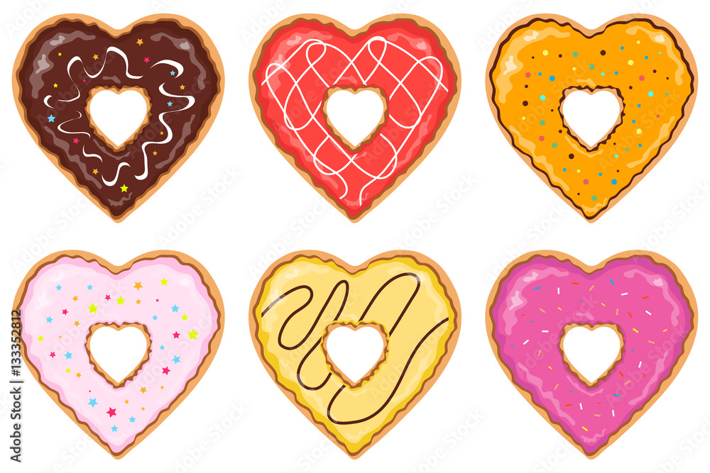 Set of isolated heart-shaped and handdrawn donuts with different colors ...