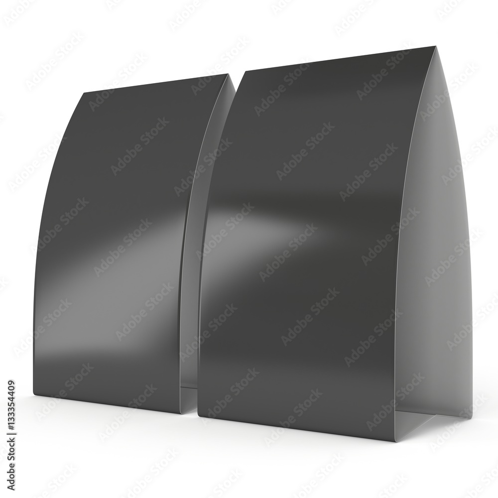 Two black paper tent cards. 3d render illustration isolated. Table ...
