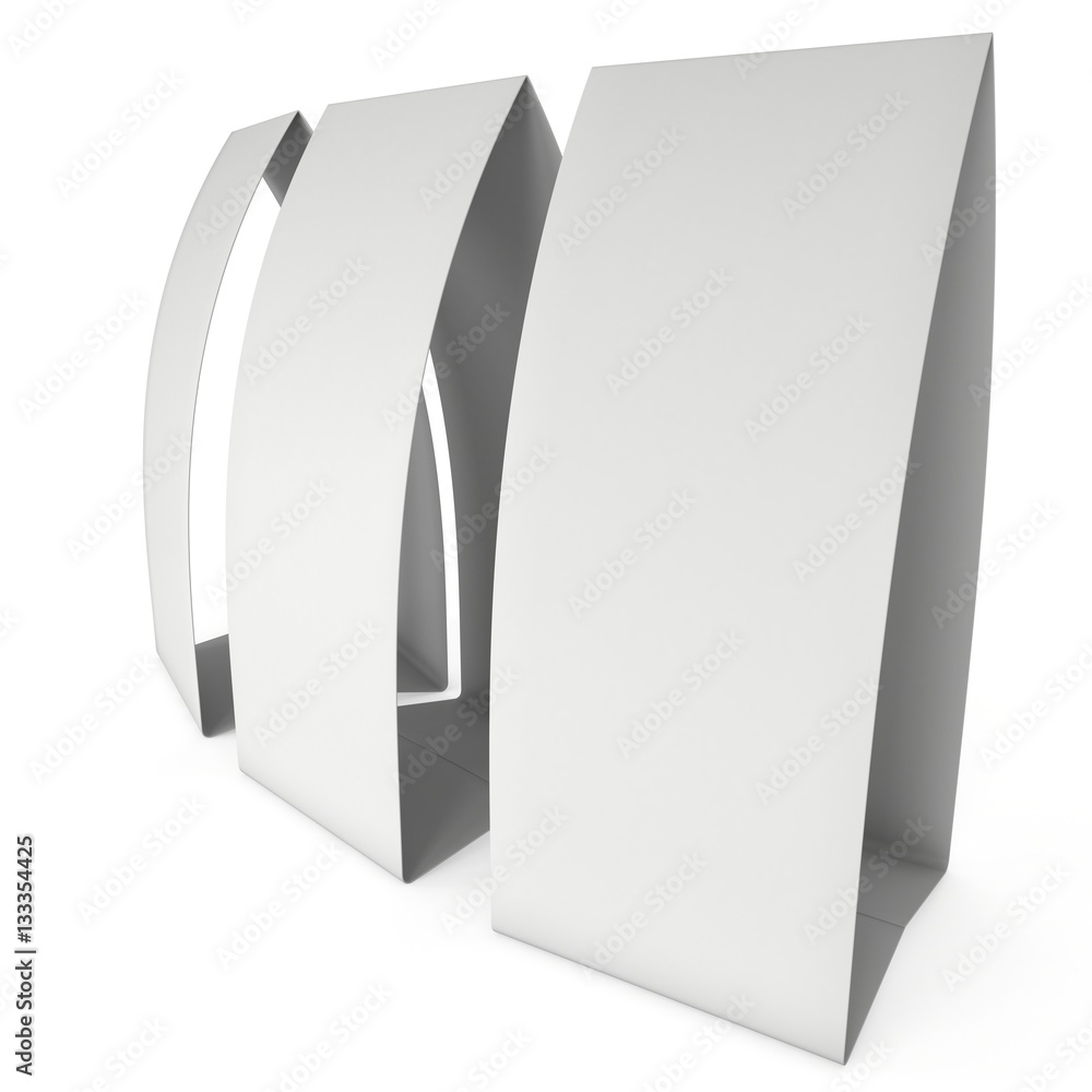 Three blank paper tent cards. 3d render illustration isolated. Table ...